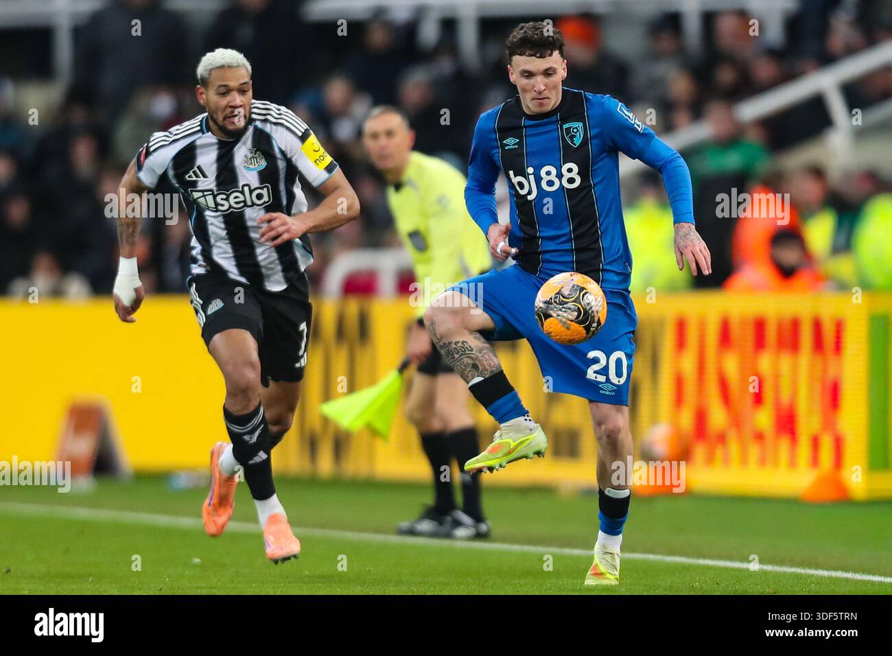 Álex Jiménez Of Bournemouth Under pressure from Joelinton Of Newcastle ...