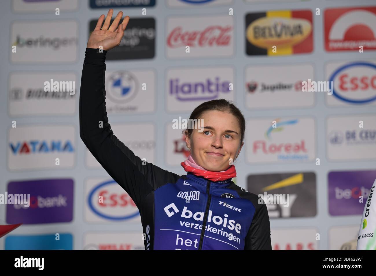 Belgian Fleur Moors reacts as she finishes second on the podium of the ...