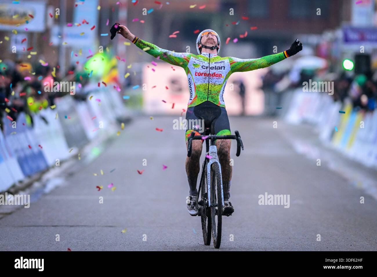 Belgian Marion Norbert Riberolle celebrates as she crosses the finish ...