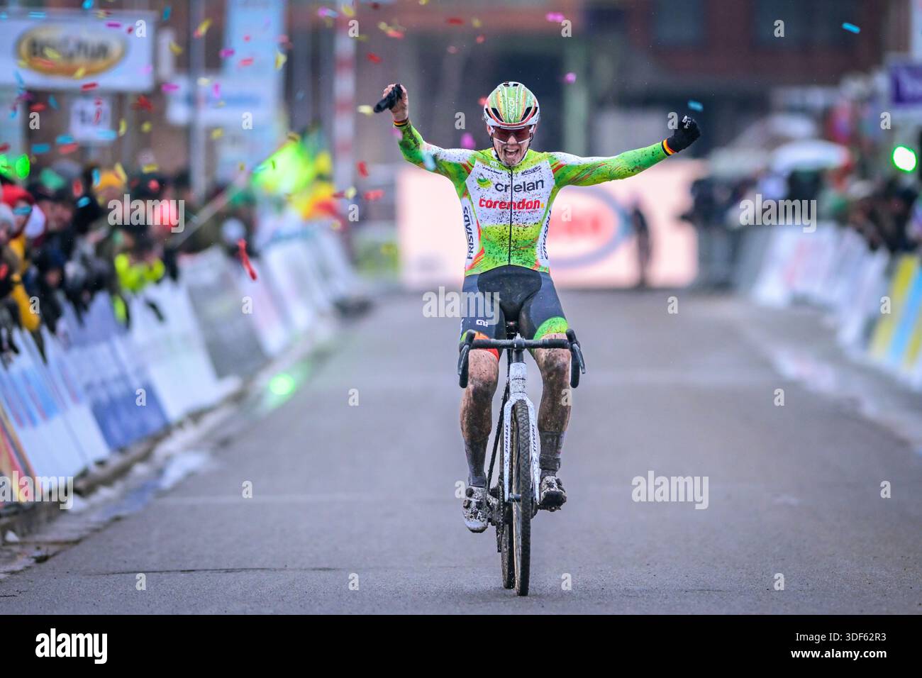 Belgian Marion Norbert Riberolle celebrates as she crosses the finish ...