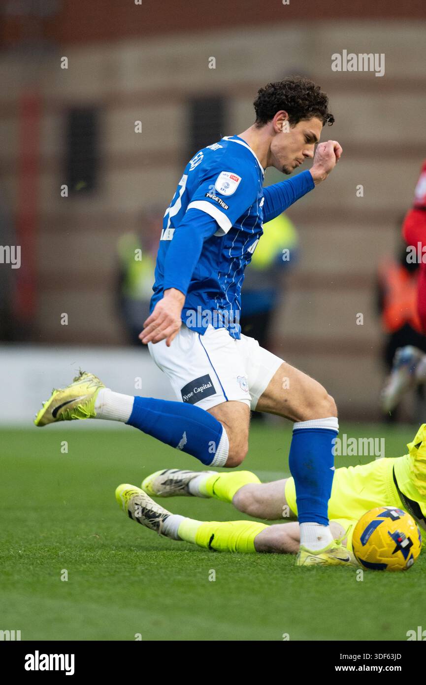 London, England. 10th Jan 2026. Cardiff City's Yousef Salech scores ...
