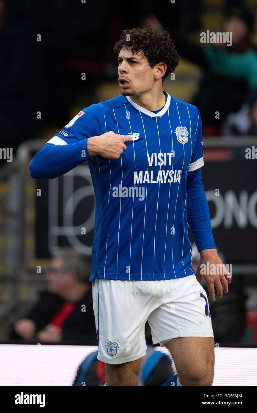 London, England. 10th Jan 2026. Cardiff City's Yousef Salech celebrates ...
