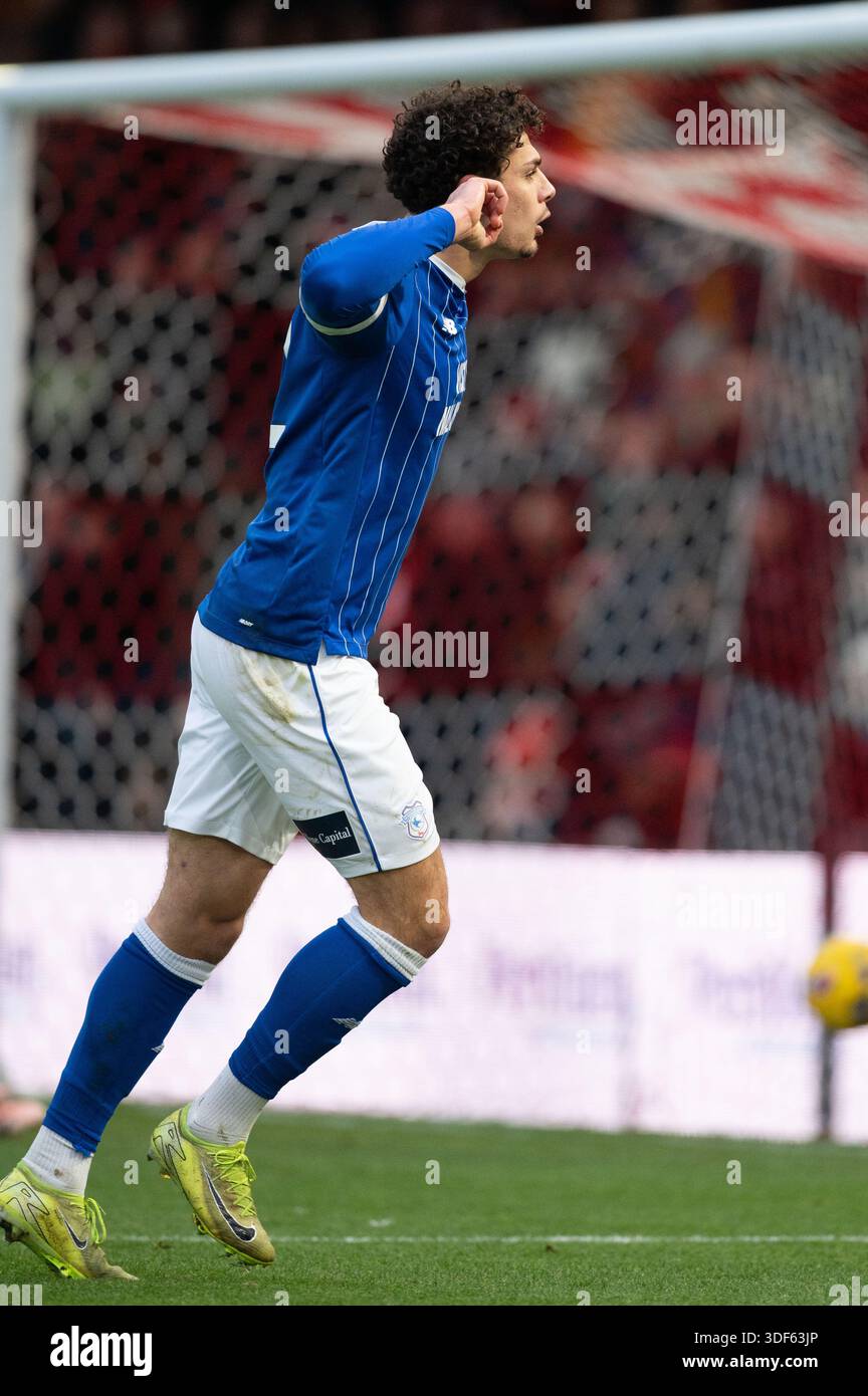 London, England. 10th Jan 2026. Cardiff City's Yousef Salech celebrates ...
