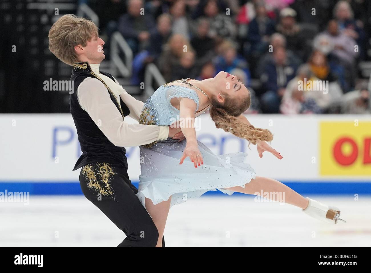 Leah Neset and Artem Markelov skate during the free dance competition ...