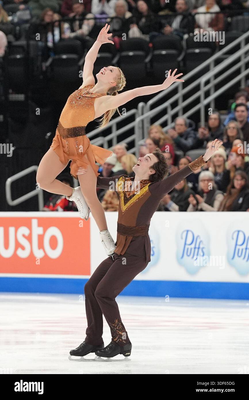 Eva Pate and Logan Bye skate during the free dance competition at the U ...