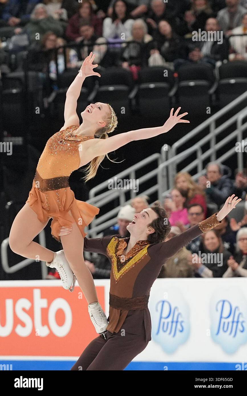 Eva Pate and Logan Bye skate during the free dance competition at the U ...
