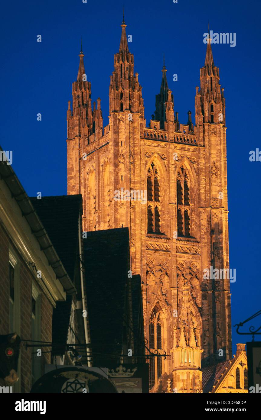 Canterbury Cathedral Bell Harry Tower illuminated with artificial light ...