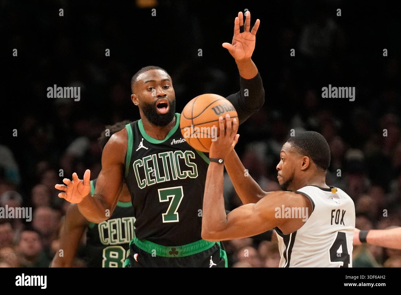 Boston Celtics guard Jaylen Brown (7) guards San Antonio Spurs guard De ...