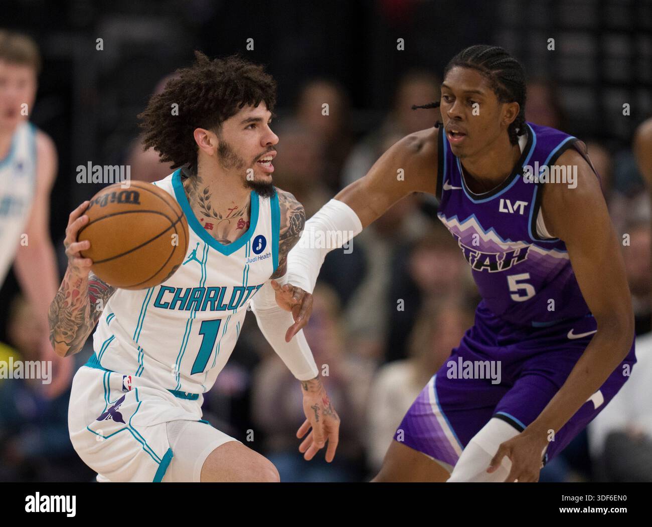 Charlotte Hornets guard LaMelo Ball (1) looks to pass the ball as Utah ...