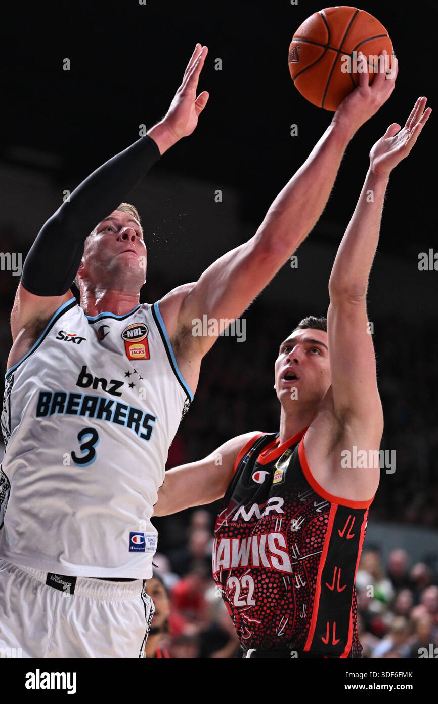 Sam Mennenga of the Breakers and Mason Peatling of the Hawks during the ...