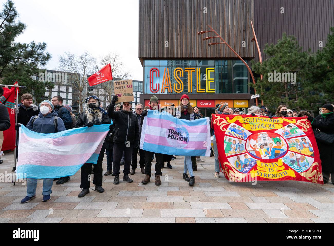 Protesters are gathered outside The Castle Leisure Centre during the ...