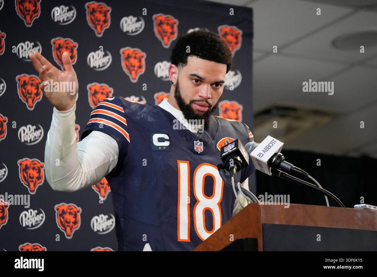 Chicago Bears' Caleb Williams talks after an NFL wild-card playoff ...