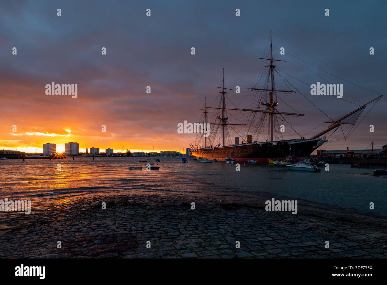 Beautiful winter sunset behind HMS Warrior looking towards Gosport from ...
