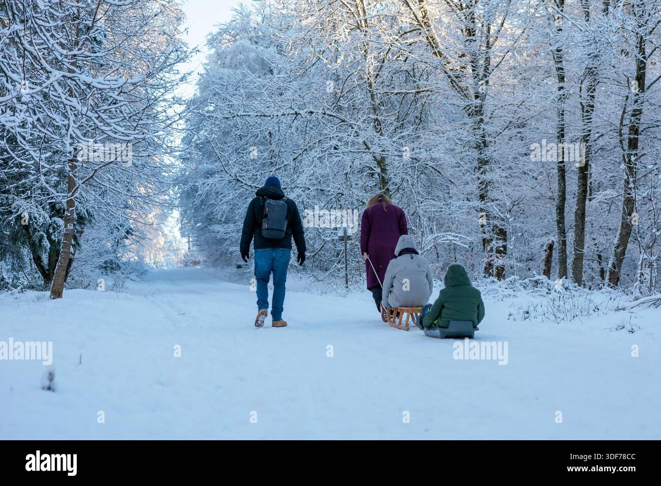 11 January 2026, Hesse, Wiesbaden: A family walks through a snowy ...