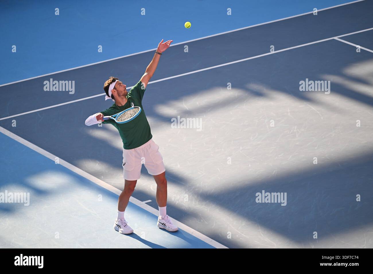 Lorenzo Musetti, an Italian tennis player, during a match at the Hong ...