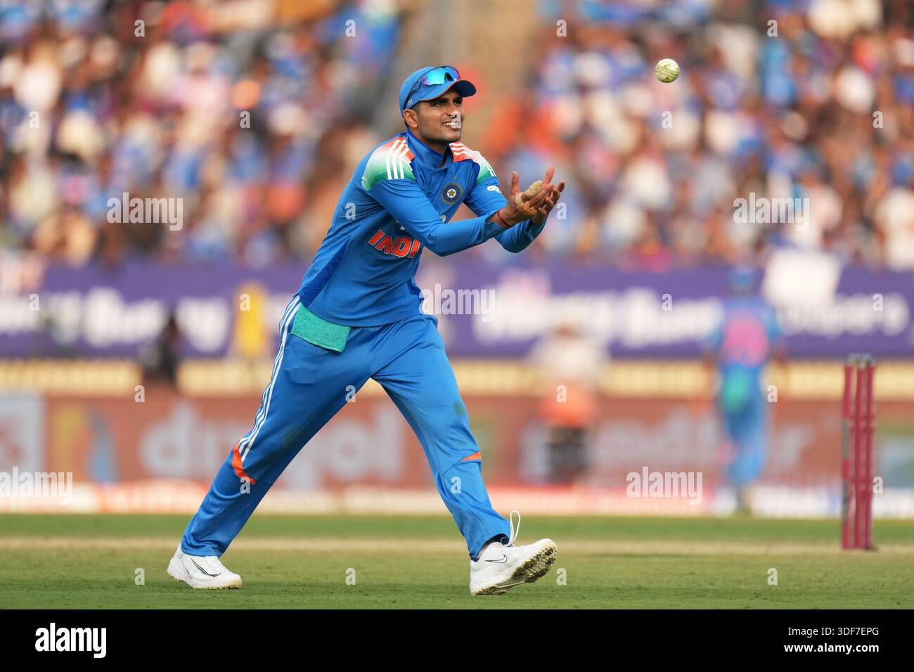 India's captain Shubman Gill collects a throw during the first One Day ...
