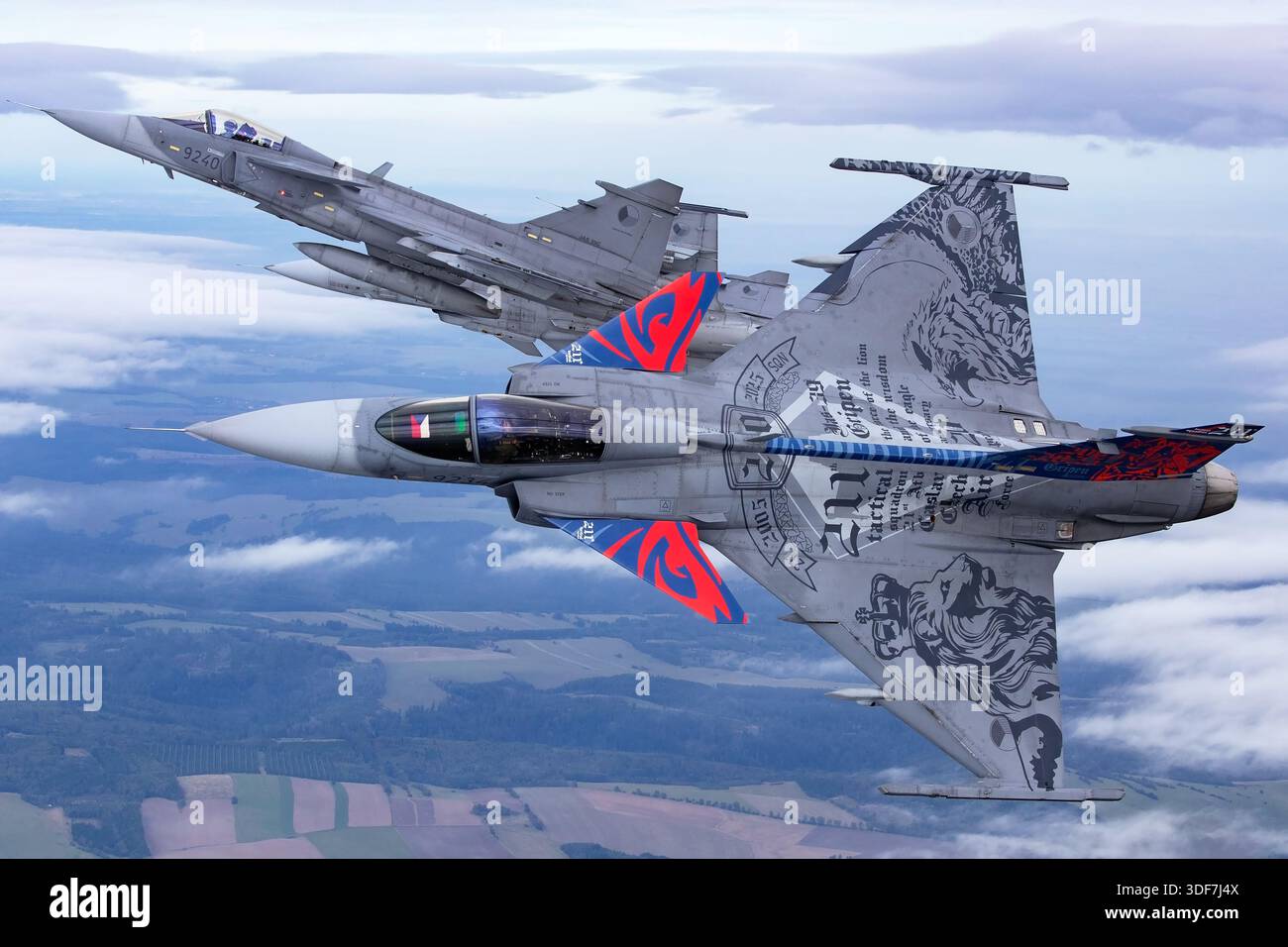 An air-to-air photograph shows Czech Air Force Saab JAS 39C and JAS 39D ...