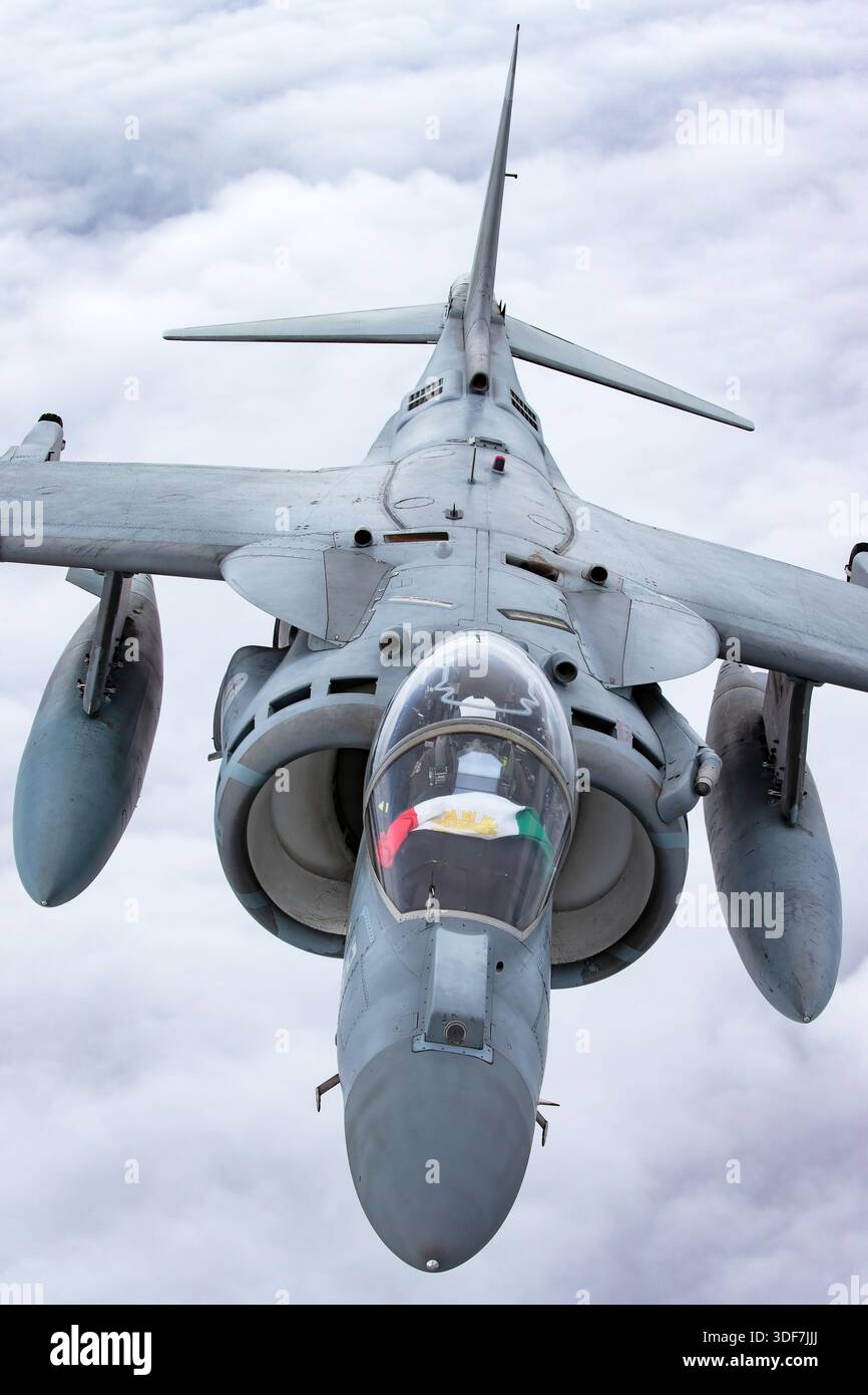 An air-to-air close-up shows an Italian Navy AV-8B Harrier II during ...