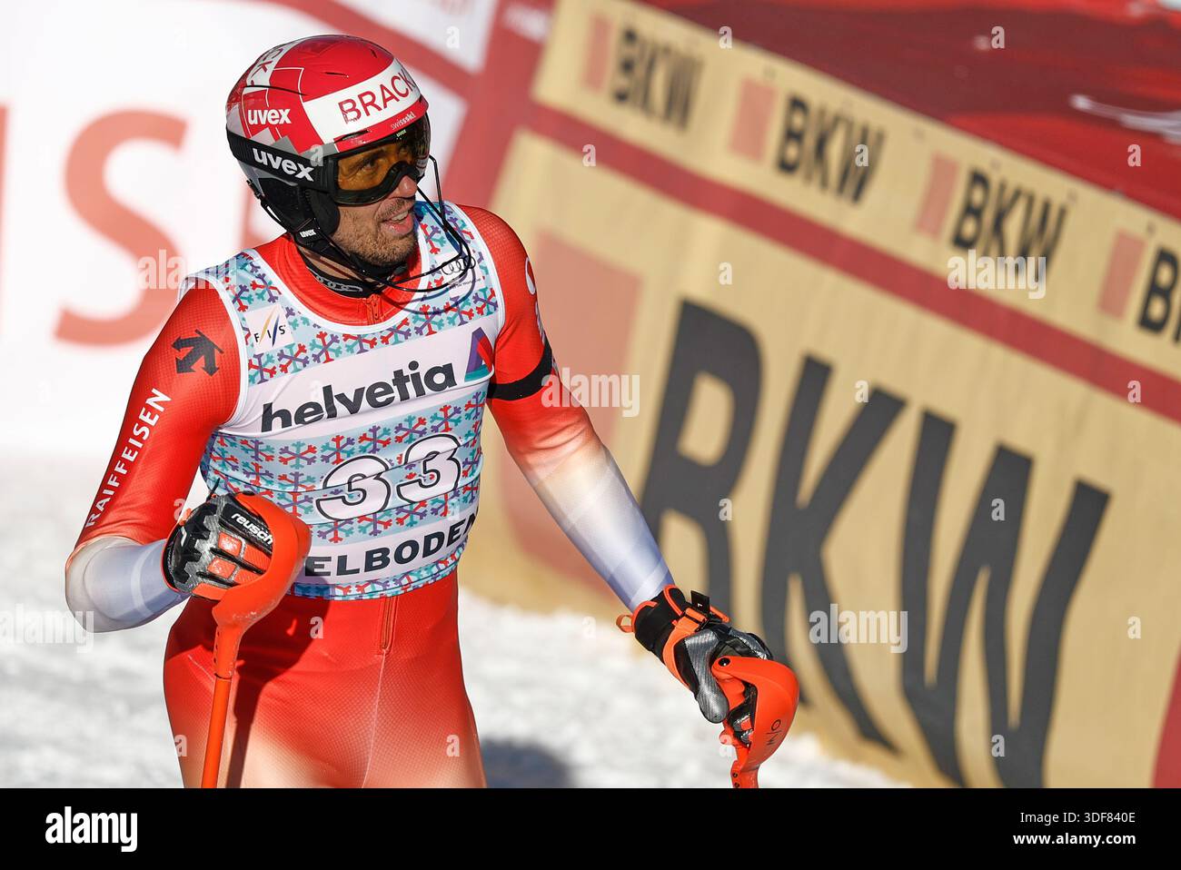 Switzerland's Ramon Zenhaeusern reacts at the finish line during an ...