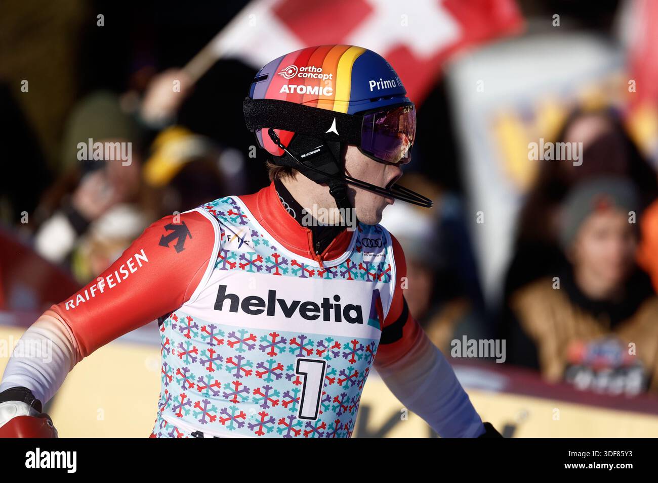 Switzerland's Tanguy Nef reacts at the finish line during an alpine ski ...