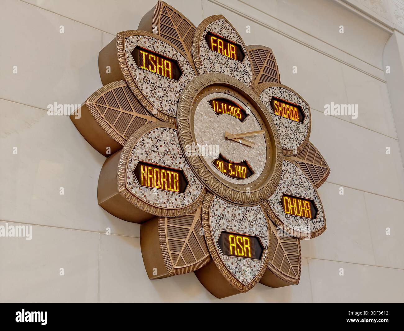Islamic prayer clock. Arabic Muslim prayer clock and calendar, based on ...