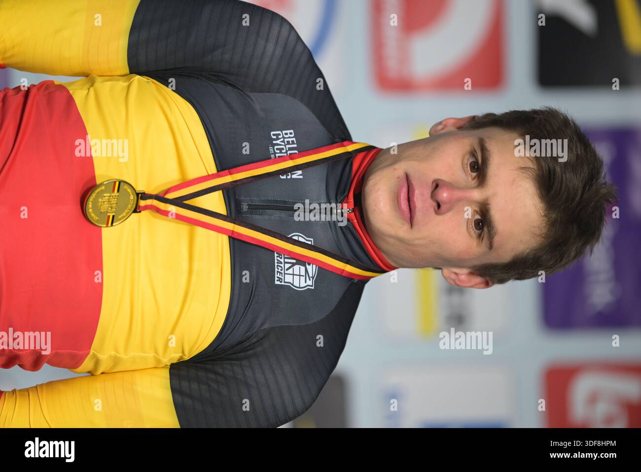 Belgian Viktor Vandenberghe celebrates on the podium after winning the ...