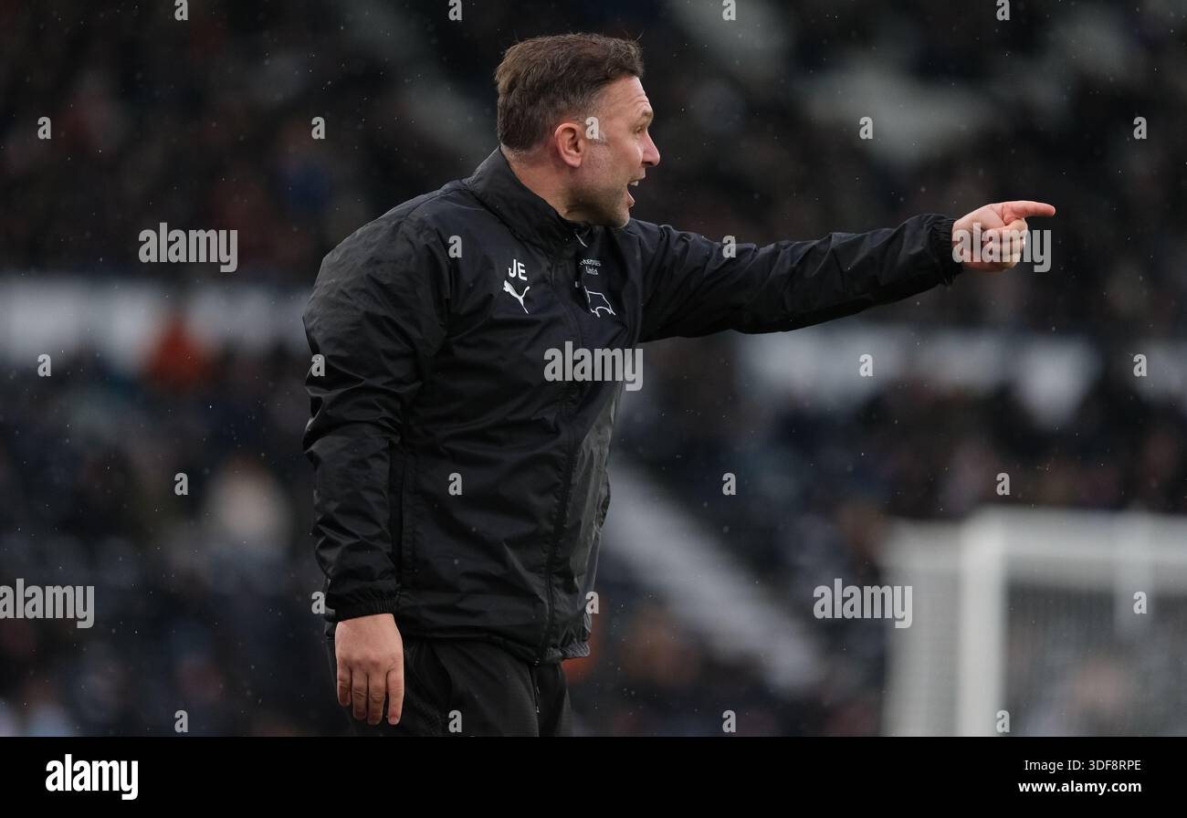 Derby County Head coach John Eustace shouts instructions to his team ...