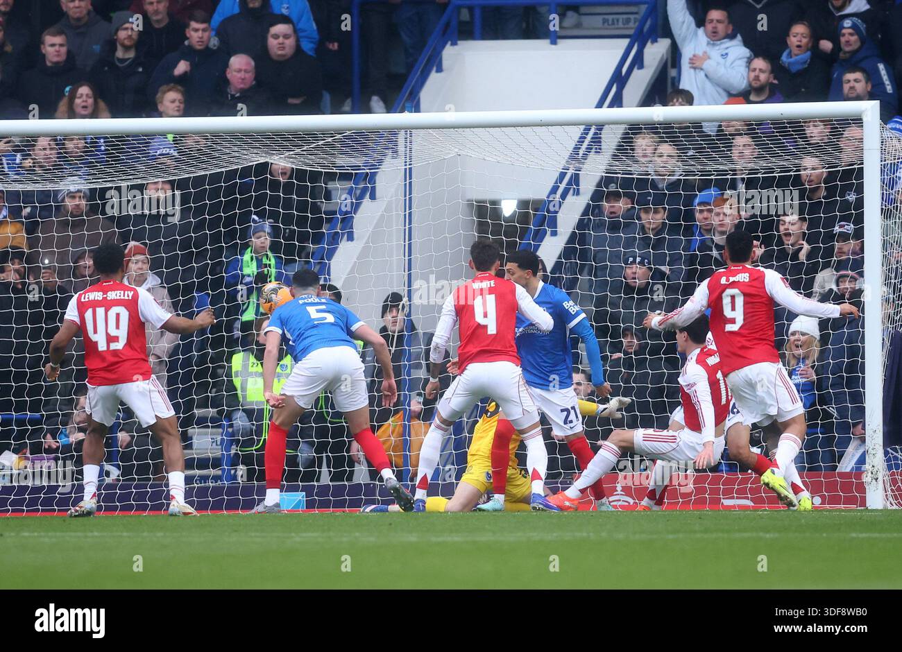 Portsmouth, UK. 11th Jan, 2026. Christian Norgaard of Arsenal scores to ...
