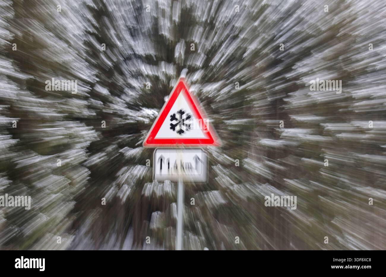 11 January 2026, Baden-Württemberg, Pfronstetten: A warning sign for ...