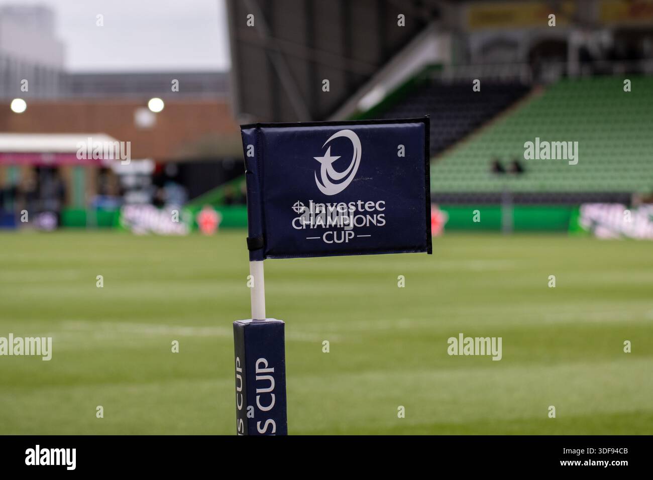 An Investec branded flag post before the match between Harlequins and ...