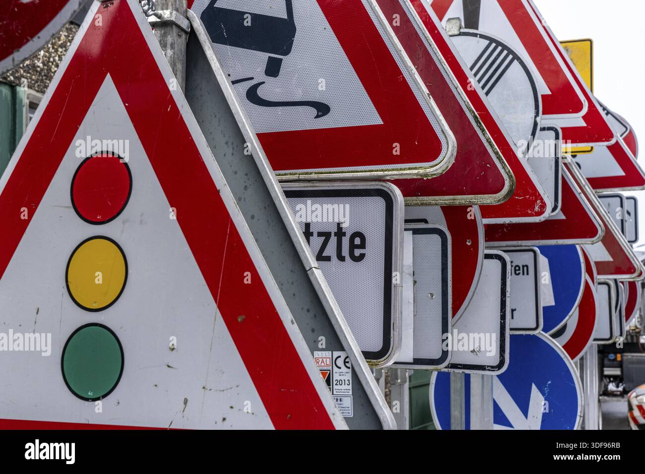 Storage for traffic signs in the yard of a road maintenance department ...