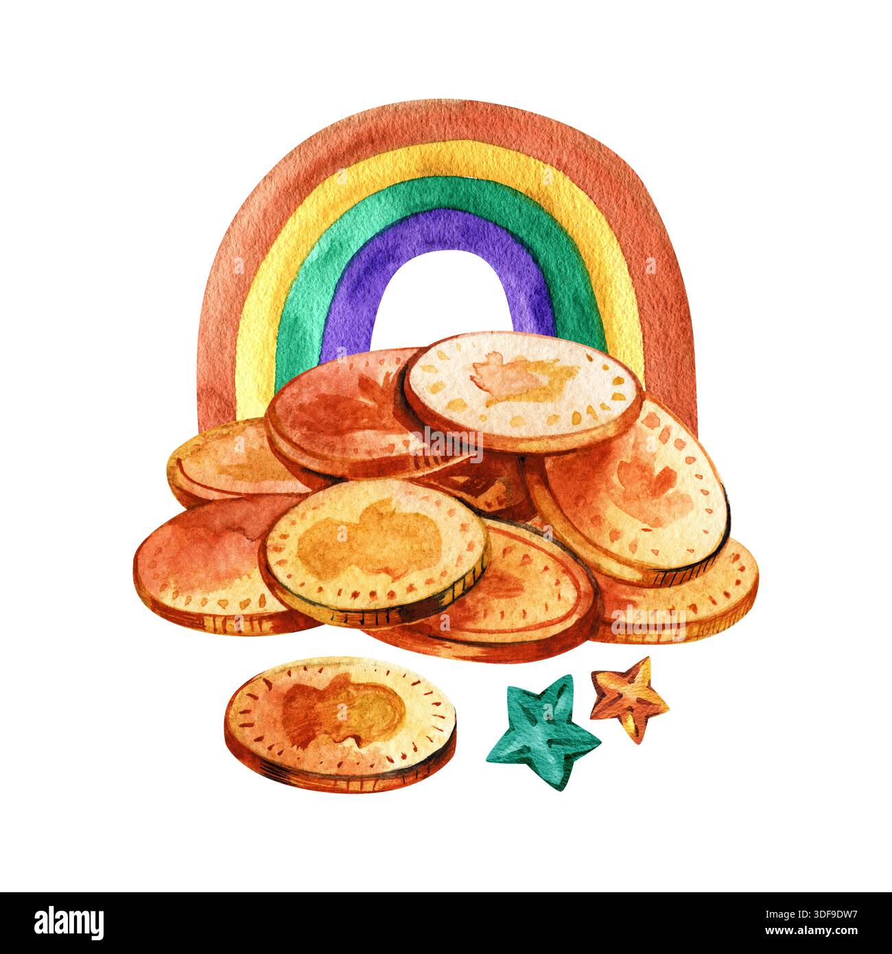 Festive watercolor illustration of a heap of golden coins set against a ...