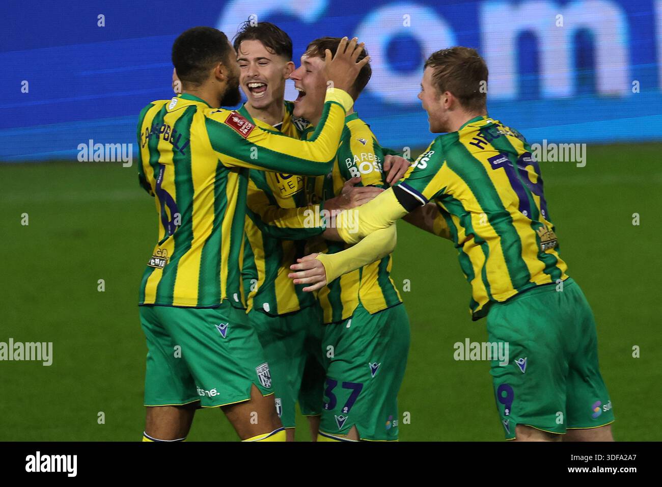Oliver Bostock of West Bromwich Albion (37 in centre) celebrates with ...