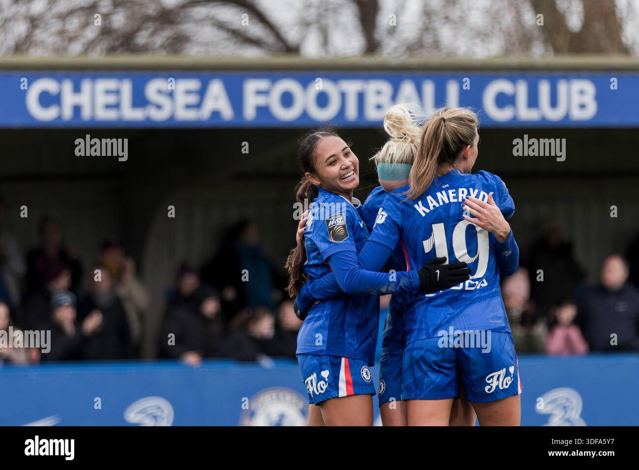 London, UK. 11th Jan 2026. Alyssa Thompson of Chelsea FC Women hugs ...