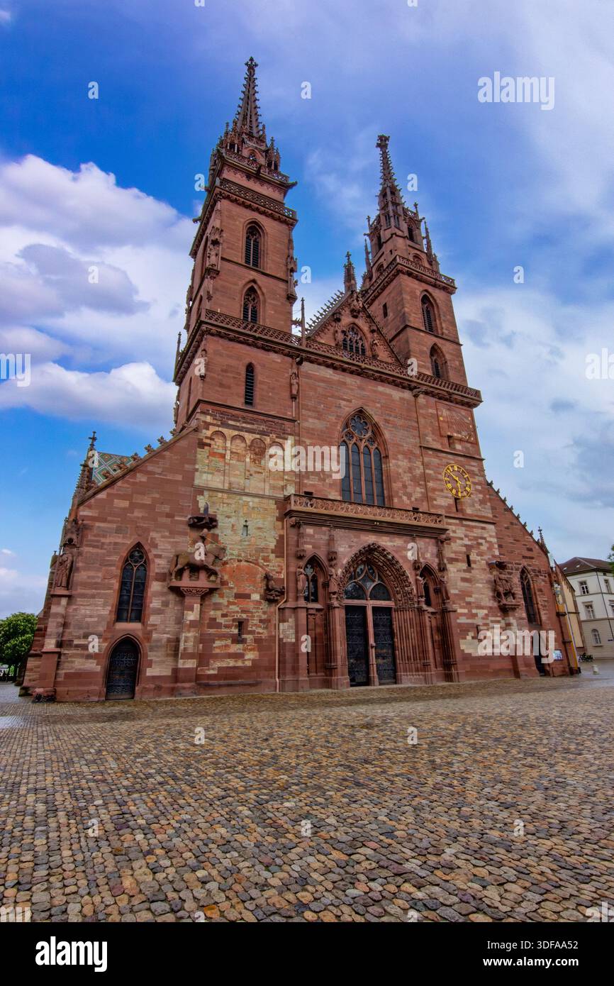 Historic Gothic cathedral in Basel with twin towers, stone facade ...