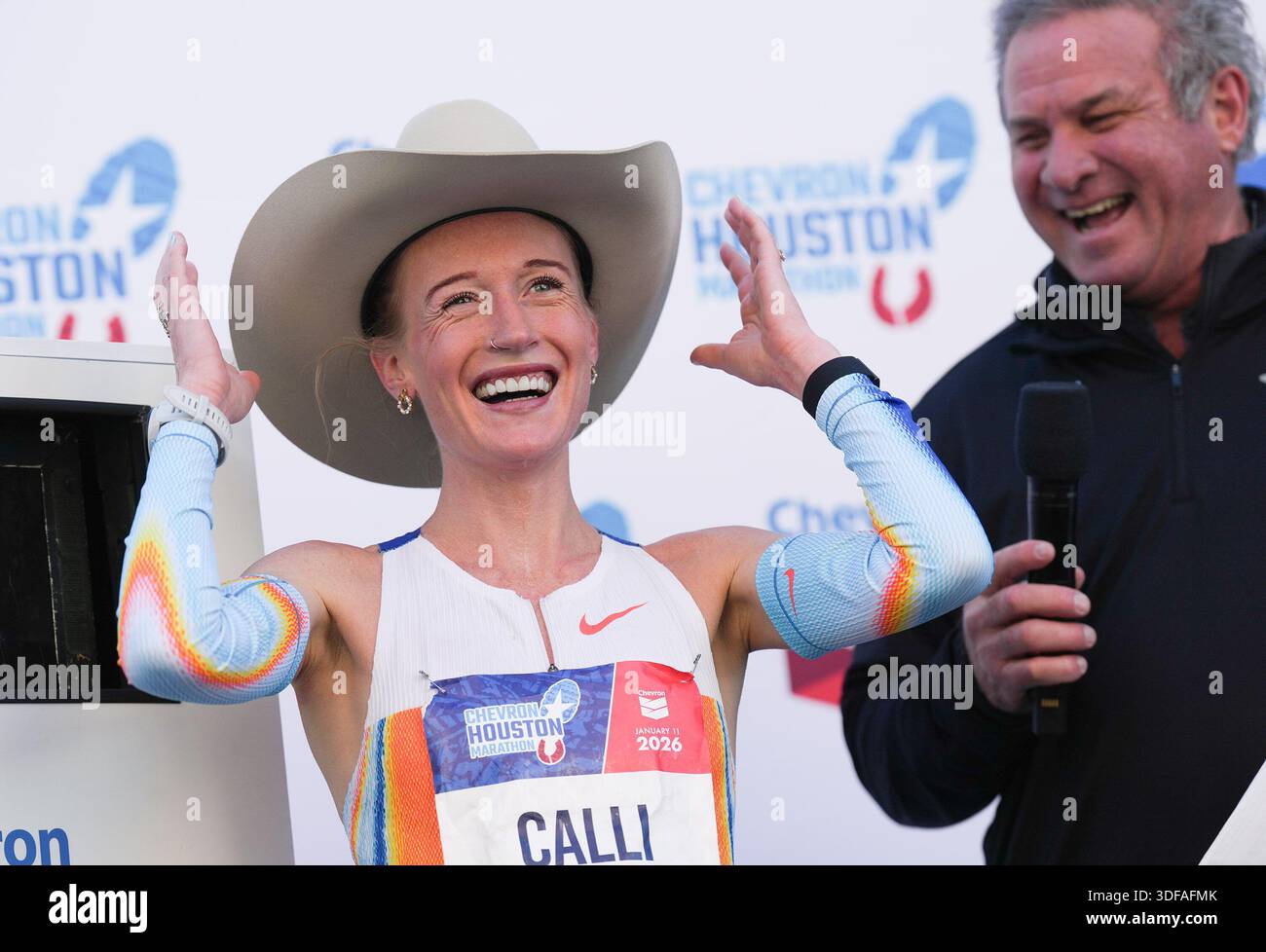 Calli Hauger-Thackery, left, of Britain, celebrates after winning the ...
