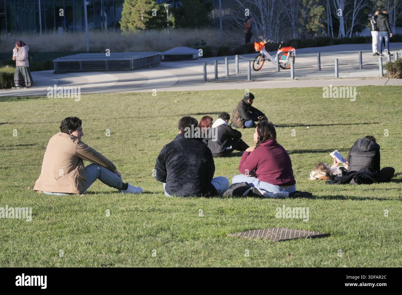 Many people in public parks on lawns and benches enjoying the beautiful ...