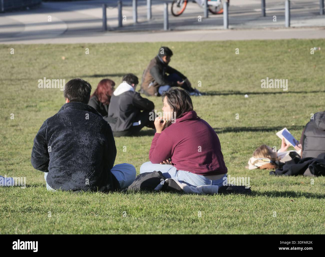 Many people in public parks on lawns and benches enjoying the beautiful ...