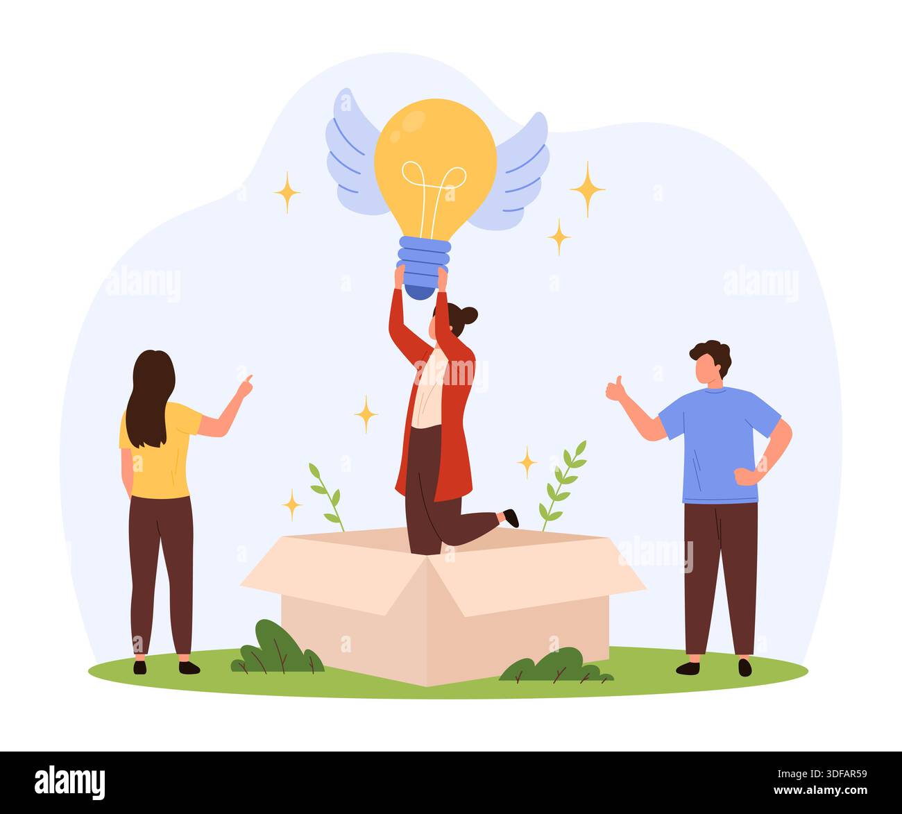 Three people collaborate as one emerges from a box holding a glowing ...