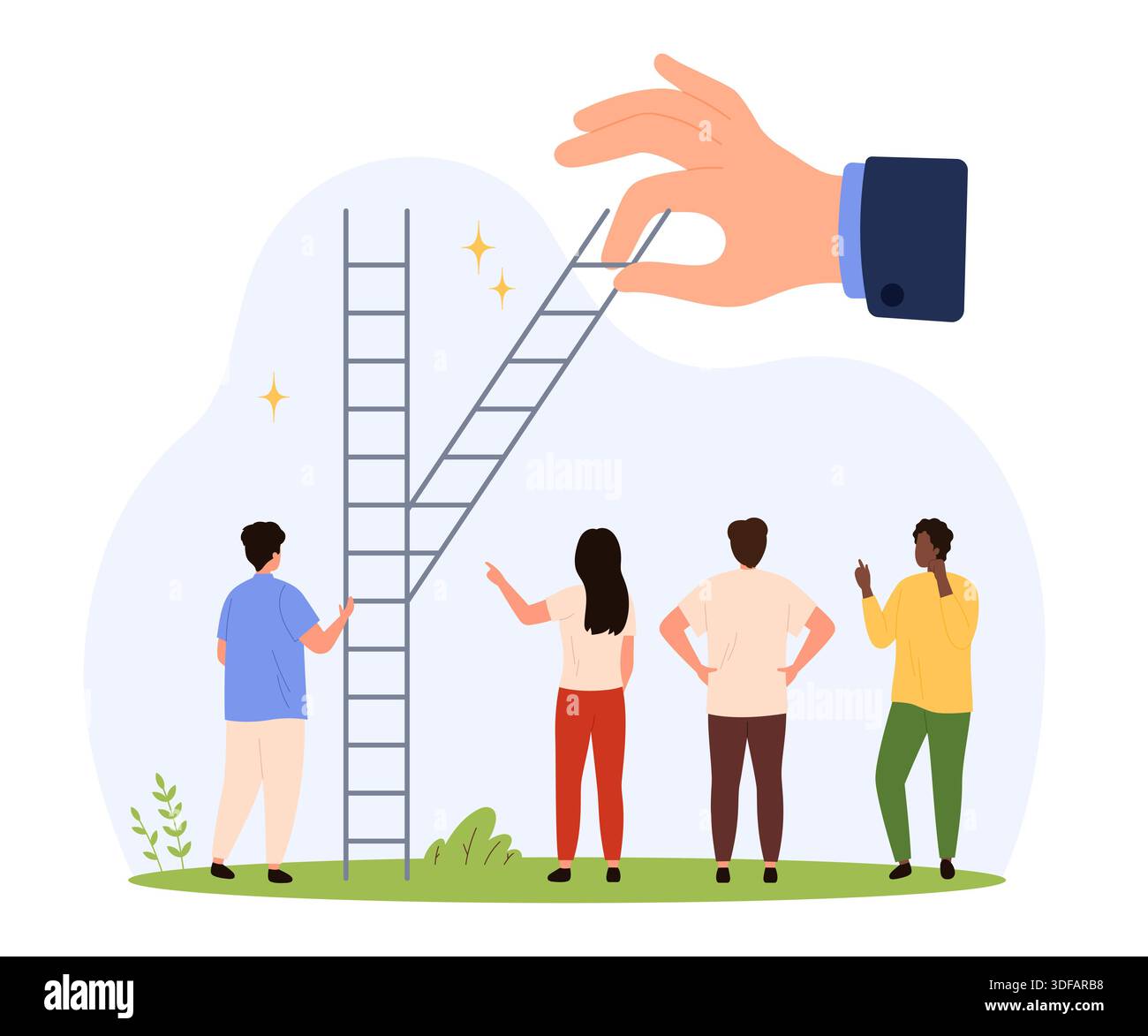 Group of diverse people choosing between two ladders held by a giant ...