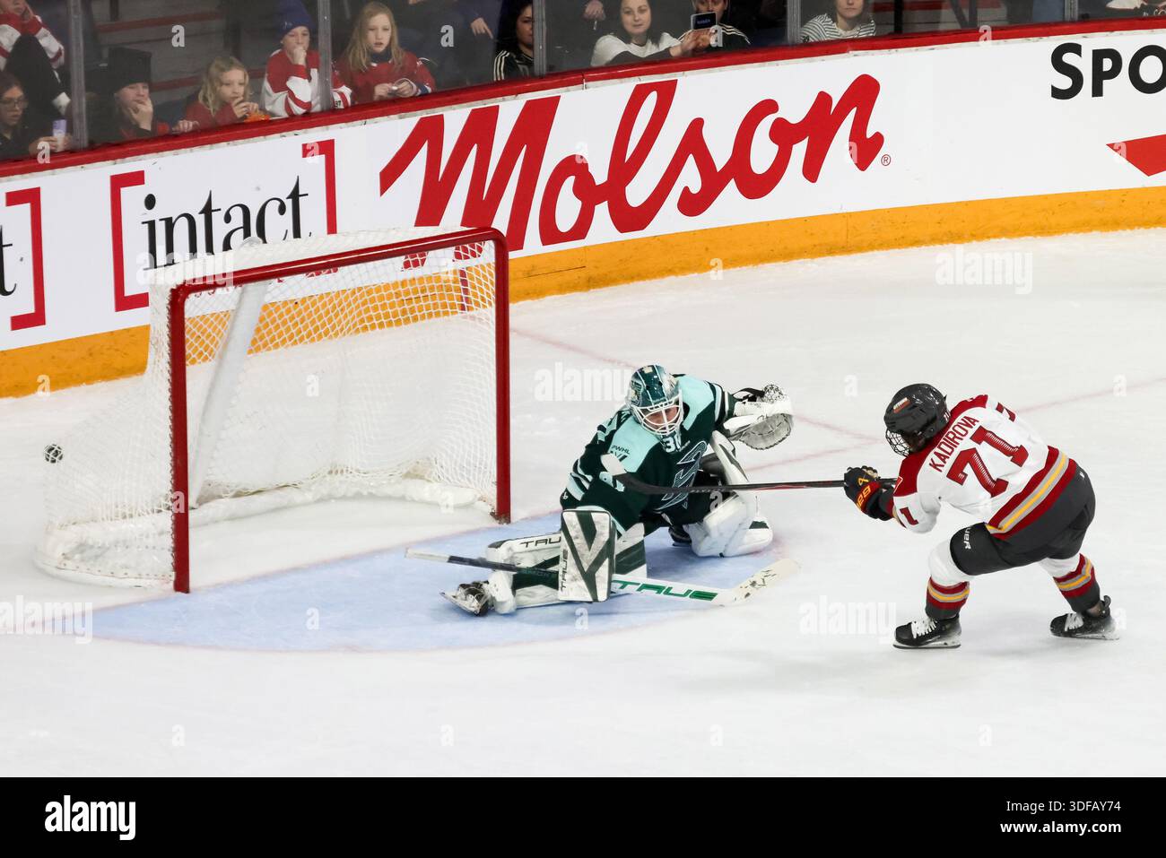 Fanuza Kadirova, of the Ottawa Charge, scores in the shootout on Aerin ...