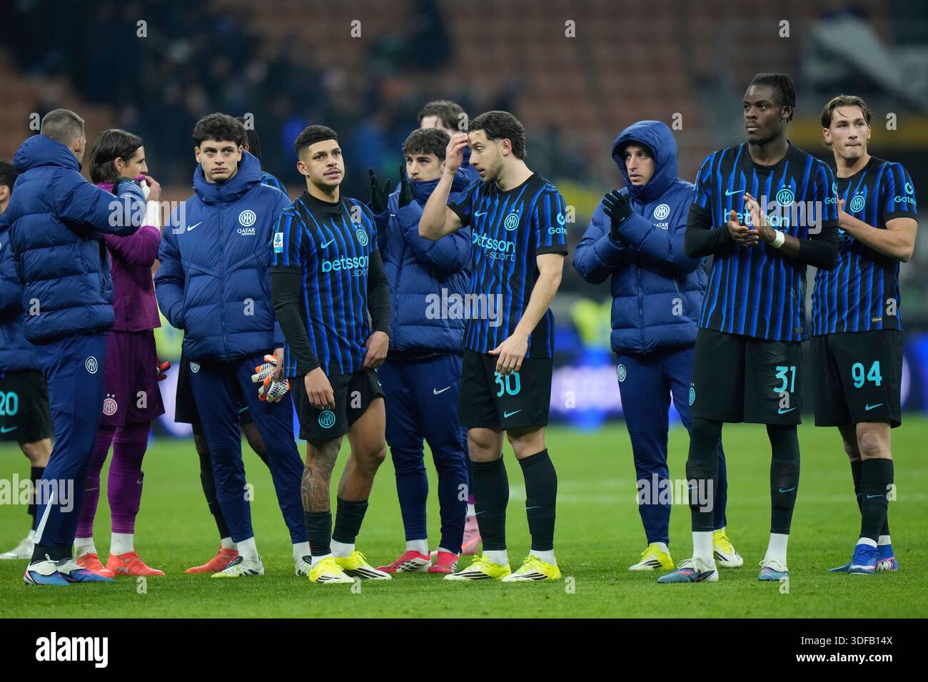 Inter Milan's team players react after the Serie A soccer match between ...