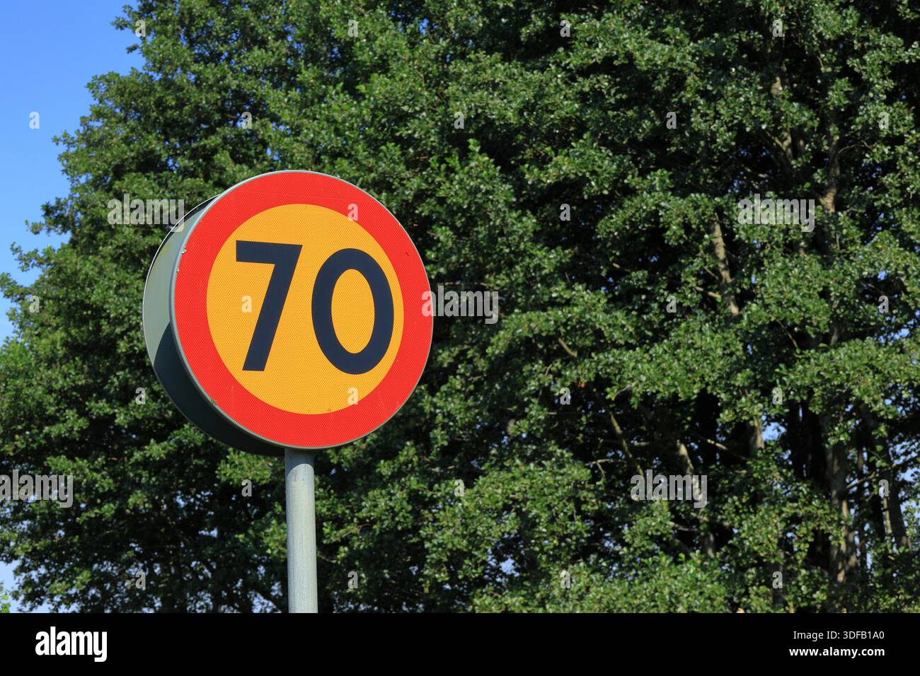 Swedish road sign for speed limit at 70 km pro hour. Green summer trees ...
