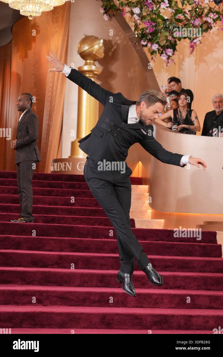 Derek Hough arrives at the 83rd Golden Globes on Sunday, Jan. 11, 2026 ...