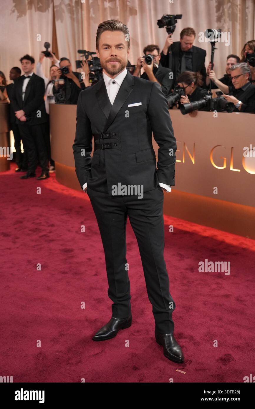 Derek Hough arrives at the 83rd Golden Globes on Sunday, Jan. 11, 2026 ...