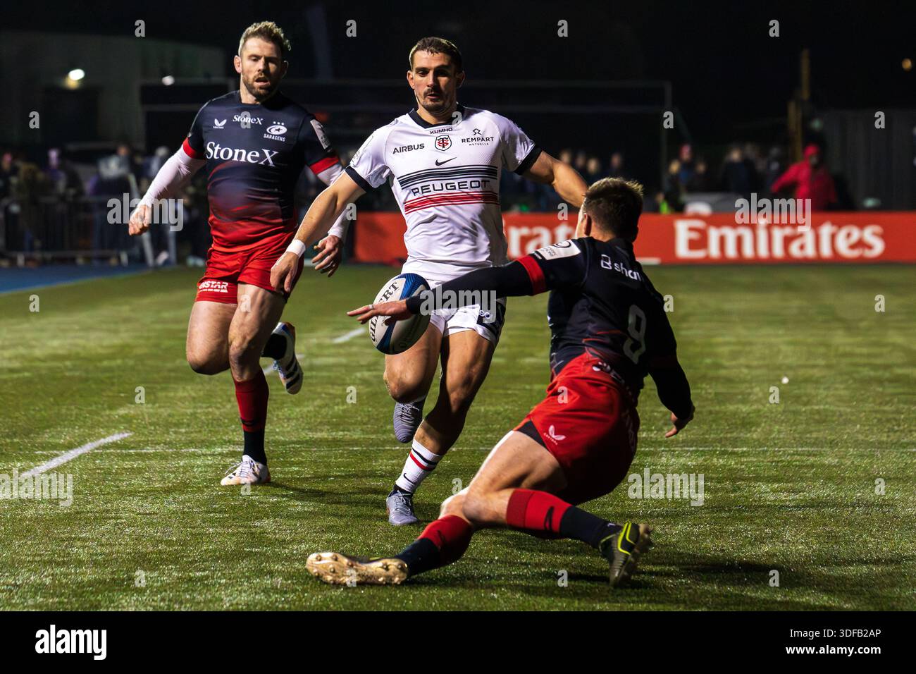 London, UK, 11th January 2026 Saracens number 8 Tom Willis slides in to ...