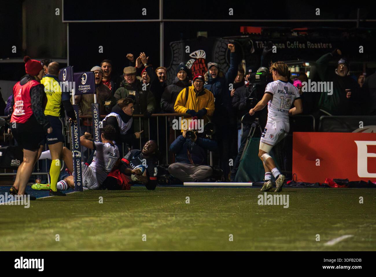 London, UK, 11th January 2026 Saracens wing Rotimi Segun scores his ...