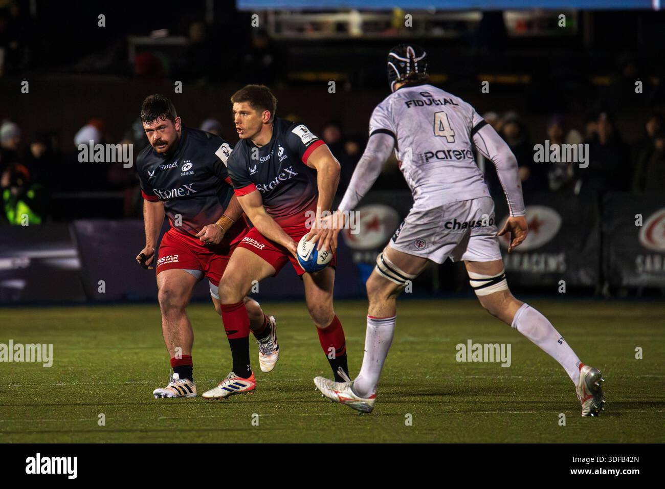 London, UK, 11th January 2026 Saracens Owen Farrell looks to pass the ...