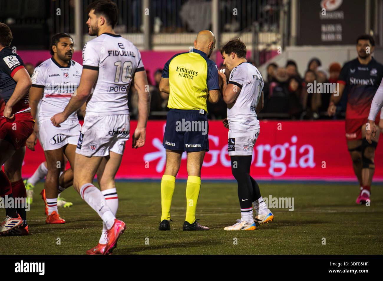 London, UK, 11th January 2026 Toulouse captain Antoine Dupont talks to ...