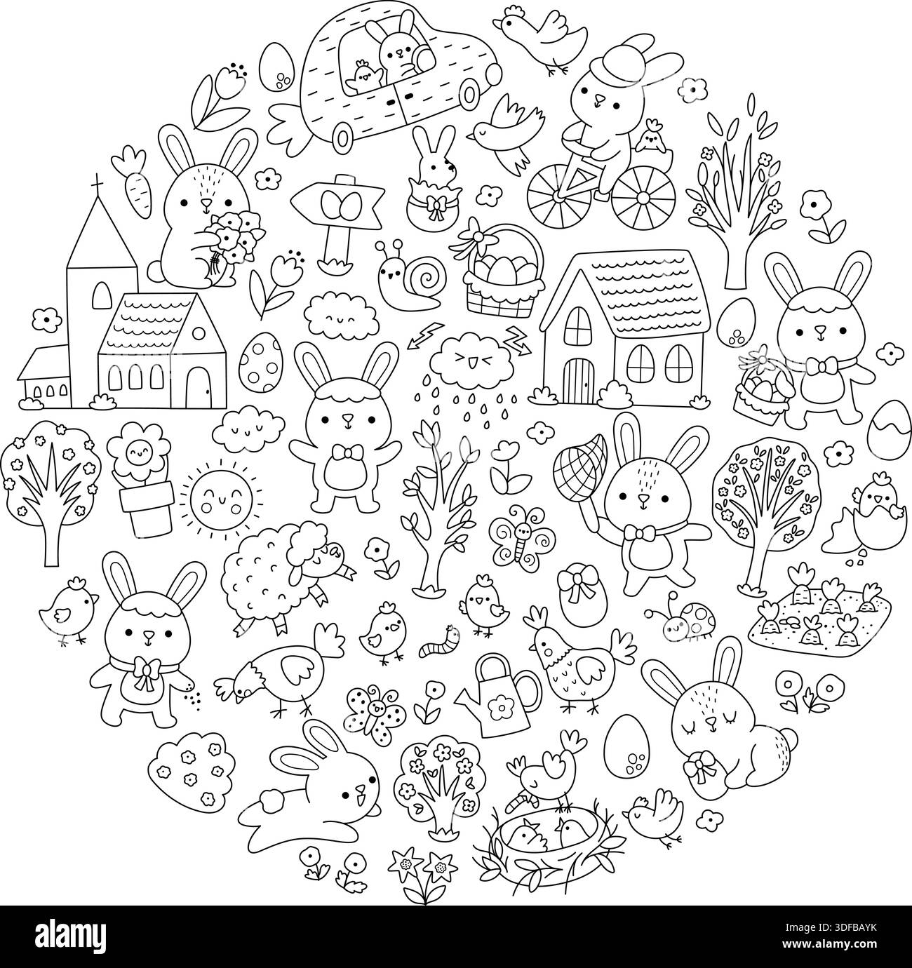 Vector Easter line round frame with traditional symbols, bunny, chick ...